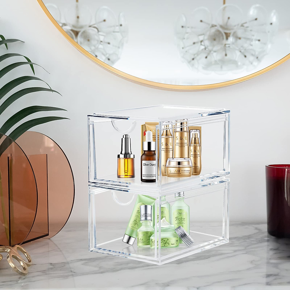 Stackable Cosmetic Organizer Storage Drawers, Set of 2 Acrylic Makeup Storage Organizer, Clear Storage Bins for Bathroom Vanity Countertop Bedroom Dresser Kitchen Cabinet Undersink and Pantry