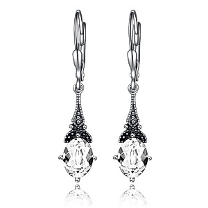 White Crystal Earrings Sterling Silver Vintage Leverback Drop Dangle Earrings with Clear White Crystal, Simulated April Birthstone Earrings Gifts for Women