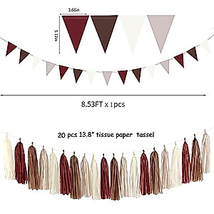 Brown Burgundy Champagne-Gold Party-Decorations - 30pcs Rustic Boho Wedding Tissue Pom-Poms Streamers ,Fall Autumn Tassel Garland Banner,Birthday Baby Bridal Shower Engagement Decor Lasting Surprise