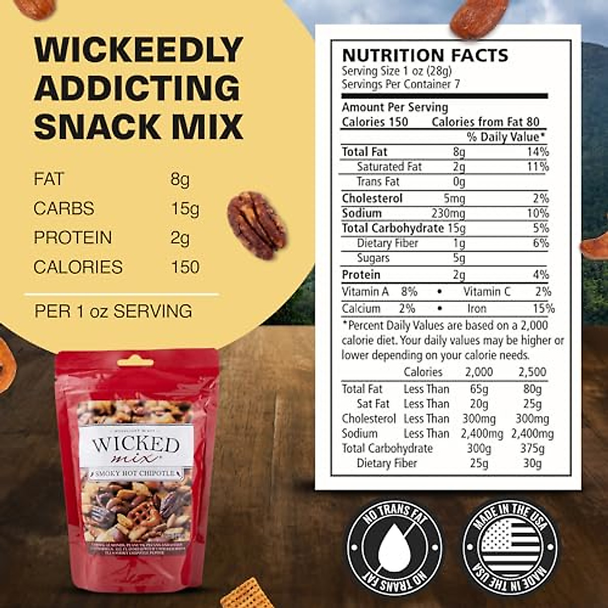 Wicked Mix Snack Mix with Mixed Nuts - Sweet and Salty Snacks Trail Mix Snack Packs with Almonds, Cashews, Pretzels, Pecans - Healthy Snacks Zero Trans Fat in Resealable Bag (Smoky Hot Chipotle, Case of 12)