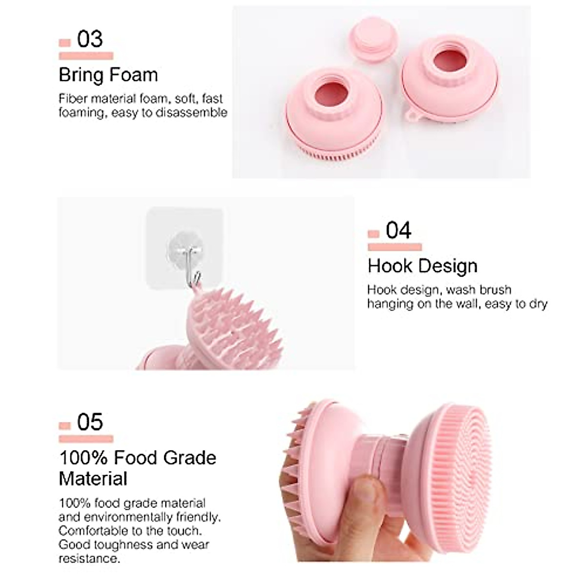 MYCOMBO Exfoliating Silicone Body Scrubber Easy to Clean, 2 in 1 Bath and Shampoo Brush, Scalp Massager, Lathers Well, Long Lasting, And More Hygienic Than Traditional Loofah (Pink)