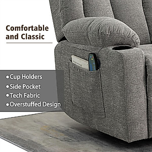 Ketaiyou Rocker Swivel Recliner Chair for Adults, Overstuffed Large Manual Recliner Glider with Massage and Heat, Comfy Soft Fabric Living Room Reclining Sofa Chair(Lime Gray)