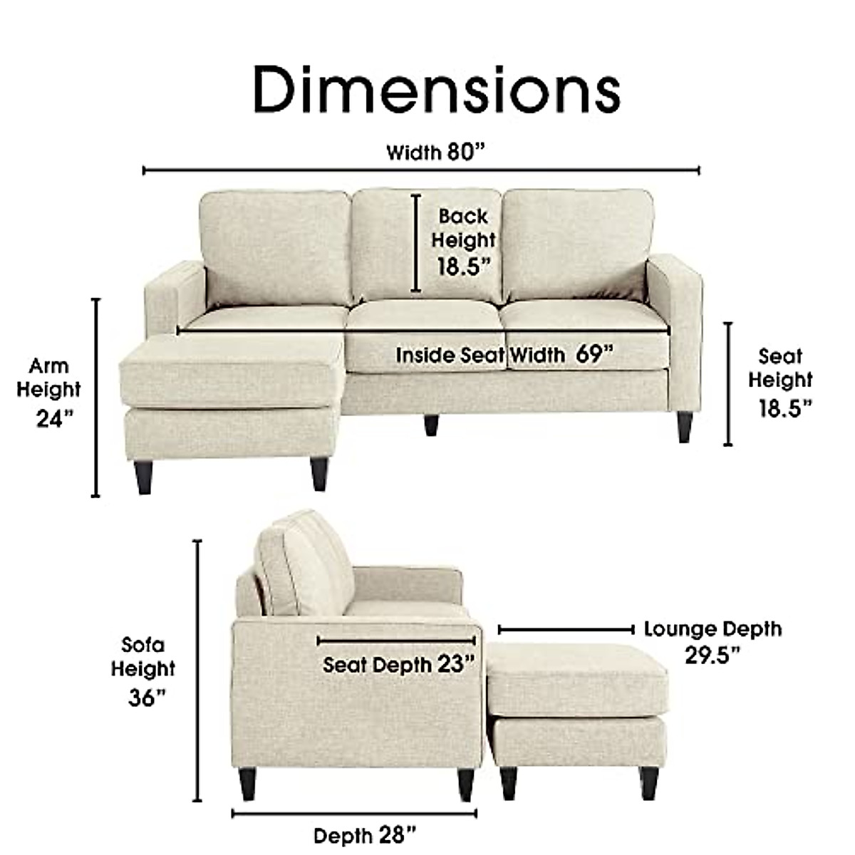 Serta Harmon Square Arm Reversible Sectional Sofa Living Room, Modern L-Shaped 3 Seat Fabric Couch, Cream
