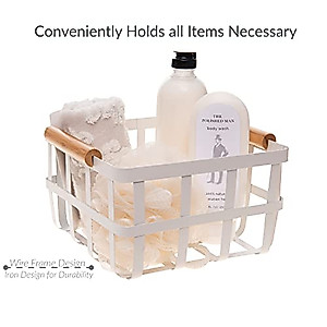 Simplify Square Metal Storage Basket with Bamboo Handles | Medium | Farmhouse Style Wire Basket | Home Organizer | Decorative | Rustic | White