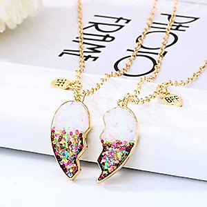 HUASAI Bff Necklace for 2 Girls Matching Friendship Necklace Half Heart Pendant Flamingo Necklace Best Friends Necklaces for Sister Birthday Gifts (D: white heart necklace)