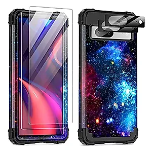 Miqala for Google Pixel 7 Case,[2 Pack Tempered Screen Protector+2 Pack Camera Lens Protector] Shiny in The Dark Three Layer Shockproof Hard Plastic +Soft Silicone Case for Google Pixel 7,Blue Sky