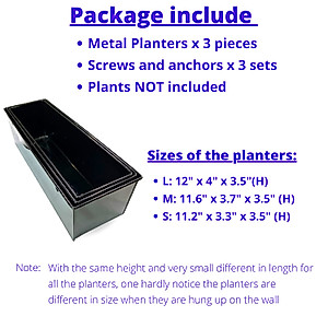 LaLaGreen Wall Planter (3 Pack, 12 Inch) Large Wall Mount Succulent Planters Black, Wall Hanging Rectangular Metal Flower Pot Window Planter Box Fence Railing Minimalist Floating Shelve Indoor Outdoor