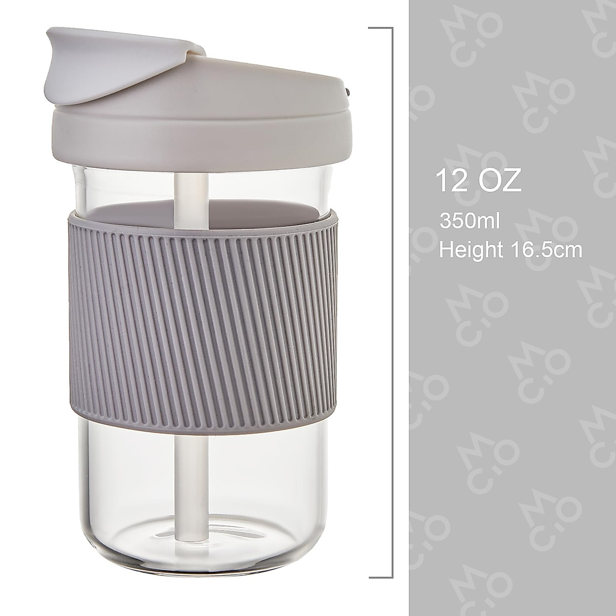 COMI Glass Travel Coffee Tumbler, Smoothie Cup Travel Dual-use Glass Coffee Cups with Lids Coffee Travel Cup with straw - 12 oz - Ash Grey