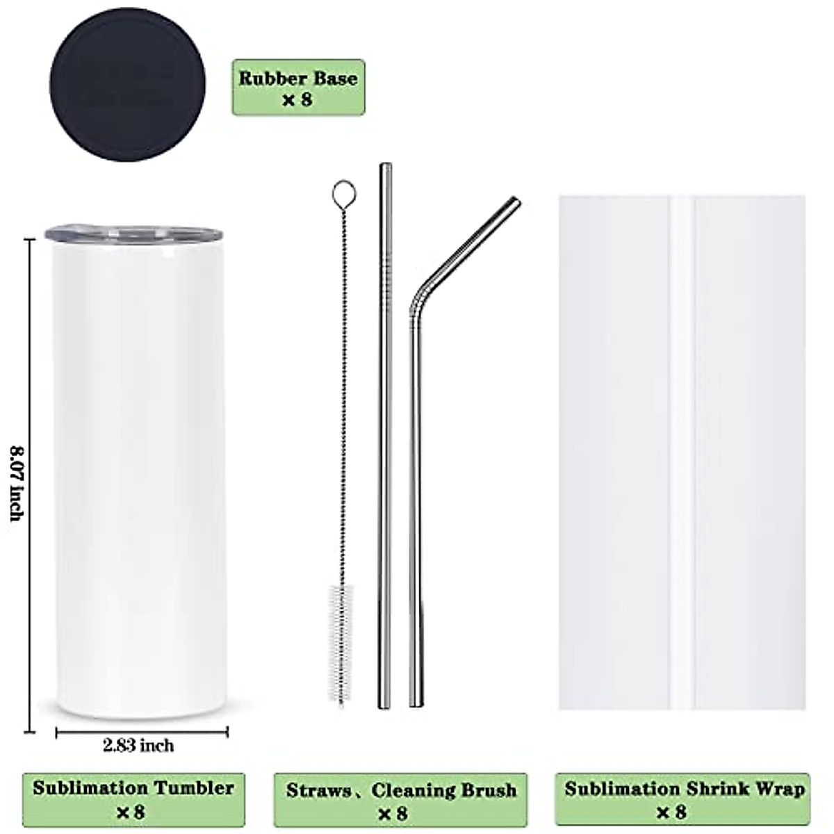 Tswofia Sublimation Tumblers Bulk 20 oz Skinny Straight, 8 Pack Stainless Steel Skinny Sublimation Tumbler Blanks With Shrink Wrap Film Lid Straw Set,Individually Boxed