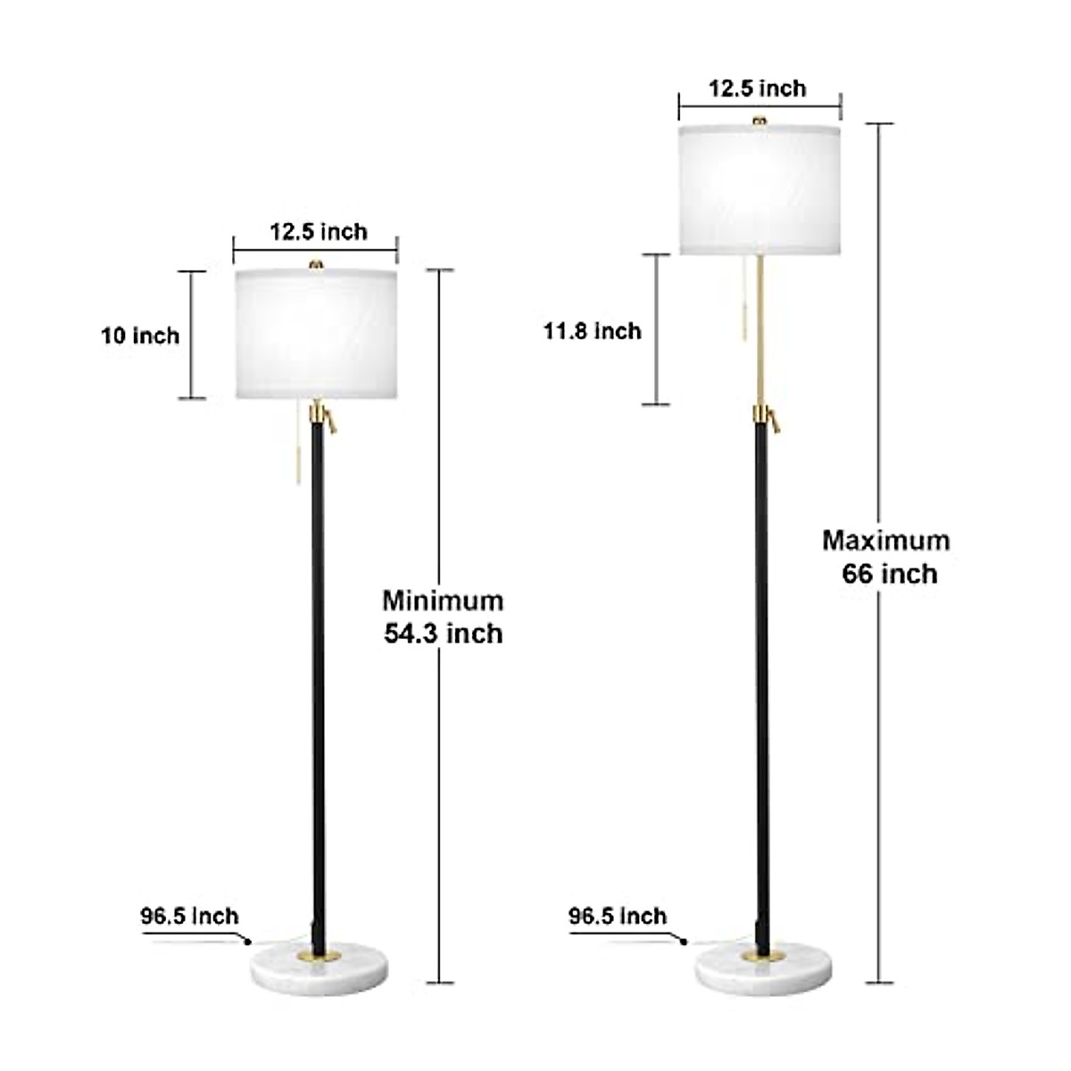 Floor Lamp for Living Room Adjustable Tall Standing Lamp, 3-Way Dimmable Floor Lamp for Bedroom Office, Black Gold Lamp with Marble Base and White Linen Shade, 6W 3000K LED Blub Included
