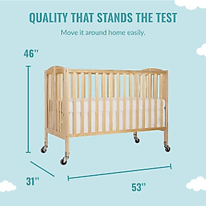 Dream On Me Folding Full Size Convenience Crib In Natural, Two Adjustable Mattress Height Positions, Comes With Heavy Duty Locking Wheels, Flat Folding