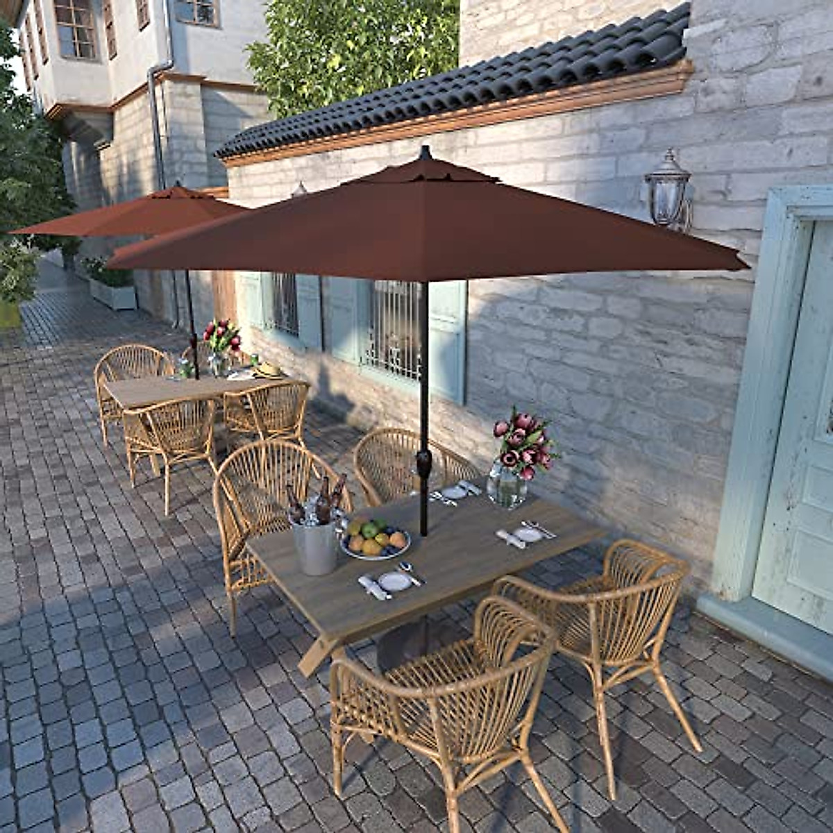California Umbrella 9' Round Aluminum Patio Umbrella, Crank Lift, Auto Tilt, Bronze Pole, Terracotta Olefin
