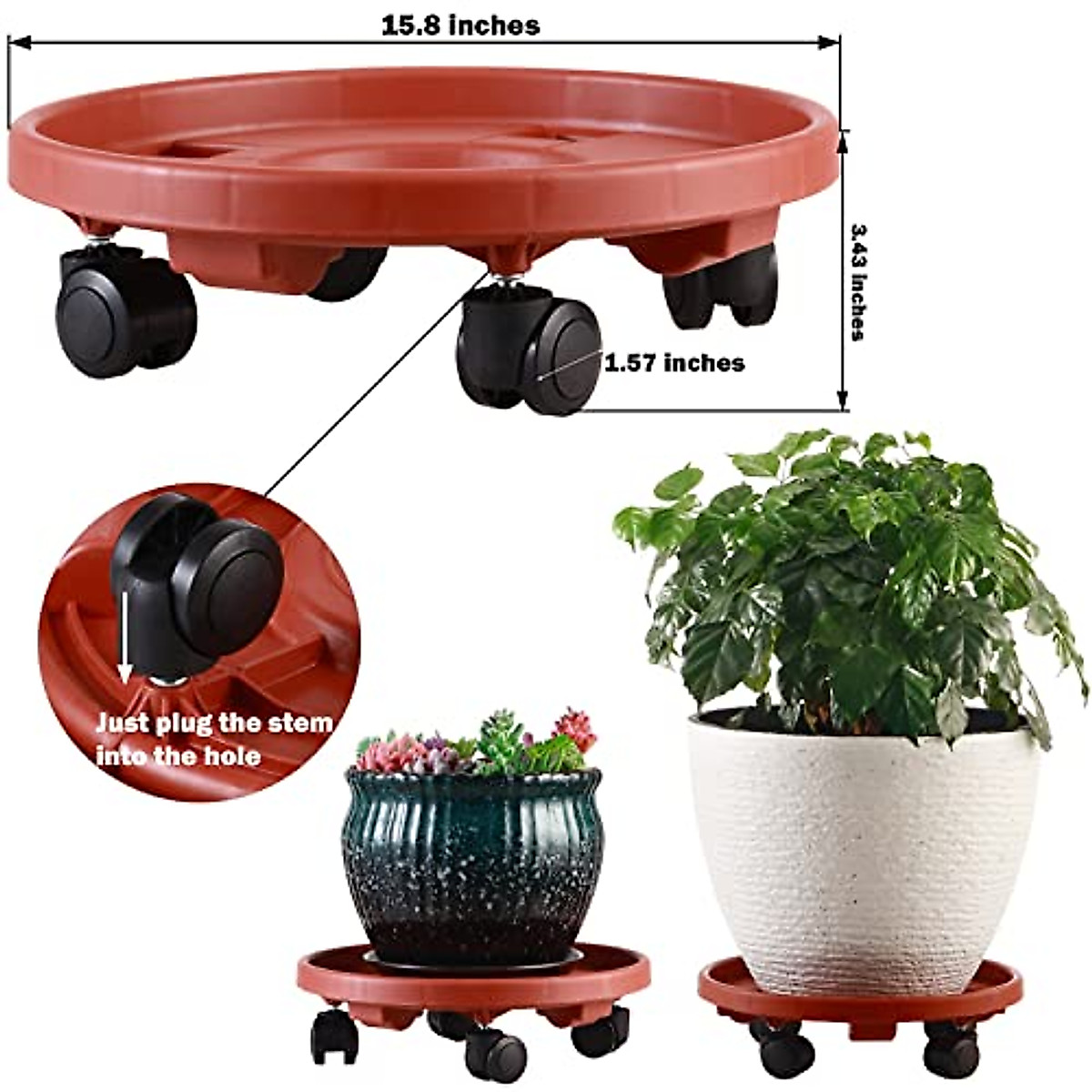 3 Pakcs Large Plant Caddy with Wheels 15.8" Rolling Plant Stands Heavy-duty Plastic Plant Roller Base Pot Movers Plant Saucer on Wheels Indoor Outdoor Plant Dolly with Casters Planter Tray Coaster Red