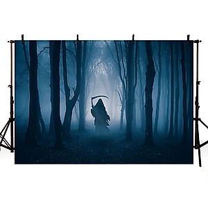 MEHOFOND 7x5ft Scary Halloween Backdrop Misty Dark Forest Horrible Halloween Gloomy Woods Trees Scythe of Death Photography Background Horrible Cemetery Spooky Party Decoration Photo Booth Props