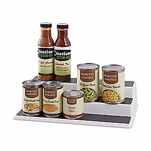 Copco Basics Non-Skid Pantry Cabinet Lazy Susan Turntable, 12-Inch, White/Gray & Non-Skid 3-Tier Spice Pantry Kitchen Cabinet Organizer, 10-Inch, White/Gray