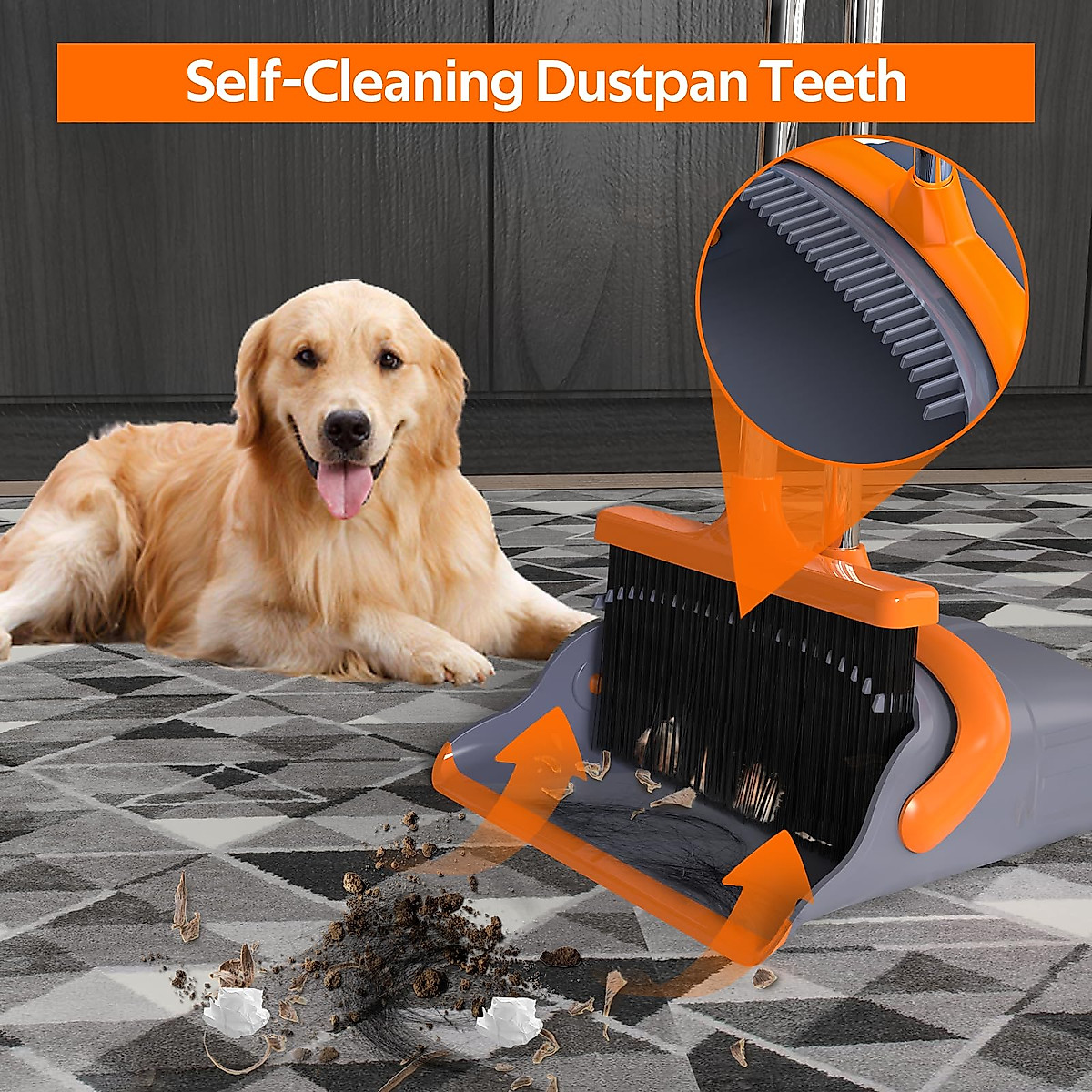 AXFRVEWA Broom and Dustpan Set with 52" Long Handle Broom with Dustpan Combo Set, Self-Cleaning Teeth & Standing Dust Pan and Broom for Home Office Kitchen Lobby Floor Use-Gray&Orange