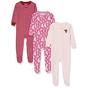 Amazon Essentials Baby Girls' Snug-Fit Cotton Footed Sleeper Pajamas, Pack of 3, Birds, 12 Months