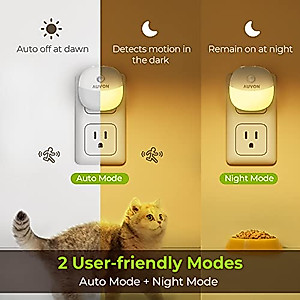 AUVON Plug in Night Light with Motion Sensor and Dusk to Dawn Sensor, Mini Warm White LED Nightlight with 1-50 lm Adjustable Brightness for Bathroom, Hallway, Stairs, Bedroom, Kitchen (4 Pack)