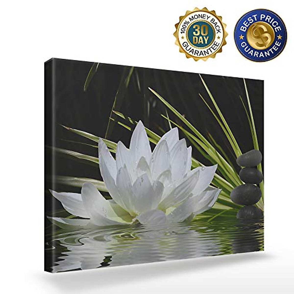 Canvas Wall Art - White Lotus and Black Zen Stones Picture - Modern Wall Decor Gallery Canvas Wraps Giclee Print Stretched and Framed Ready to Hang - 16" x 24"