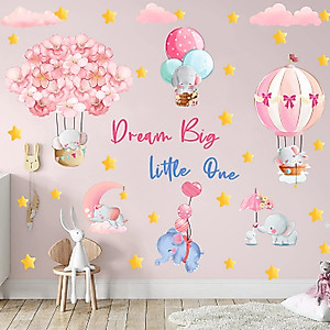 KOKOLAP Dream Big Little One Wall Stickers,Pink Elephant Wall Decals Nursery Decor,Flowers Hot Air Balloon Wall Sticker Baby Girl Room Decor,Cloud Stars Wall Decal for Kids Room Bedroom Playroom Decor