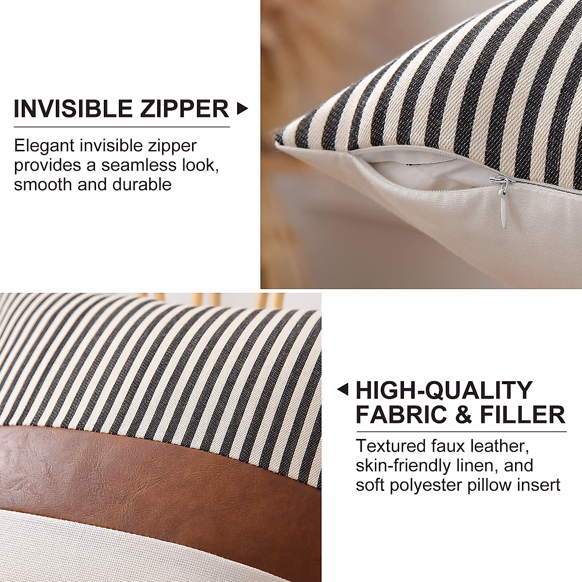 Mecatny Faux Leather Throw Pillows for Couch - Farmhouse Decorative Pillows with Inserts Included - Boho Striped Accent Pillows for Living Room - 18" x 18" - Black (Set of 2)