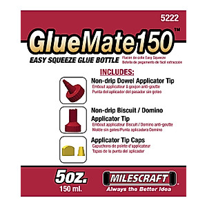 Milescraft 5222 Glue Mate 150-5oz. (150ml) Precision Wood Glue Bottle - Anti-Drip - Dowel and Biscuit Tips Included - Easy Flow Multi-Chamber Design - Ideal for Woodworking