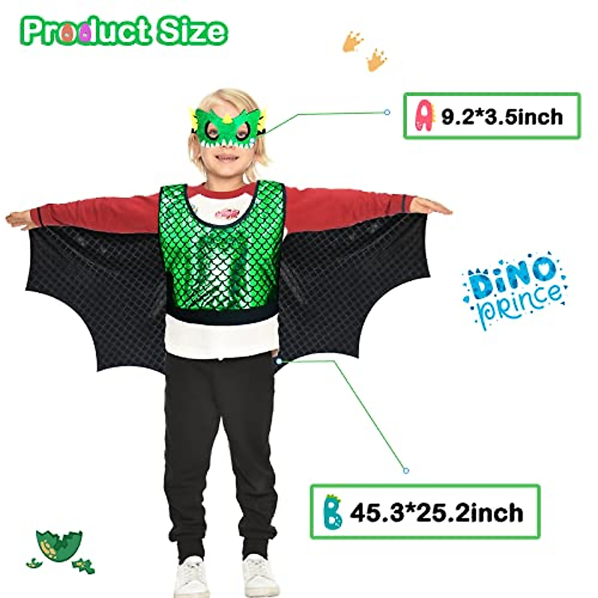 IROLEHOME Dragon-Wings Costume for Kids Mask Dinosaur Dress Up Cape for Boys Girls Halloween-Party Gifts Toys (metallic blue) (metallic green)