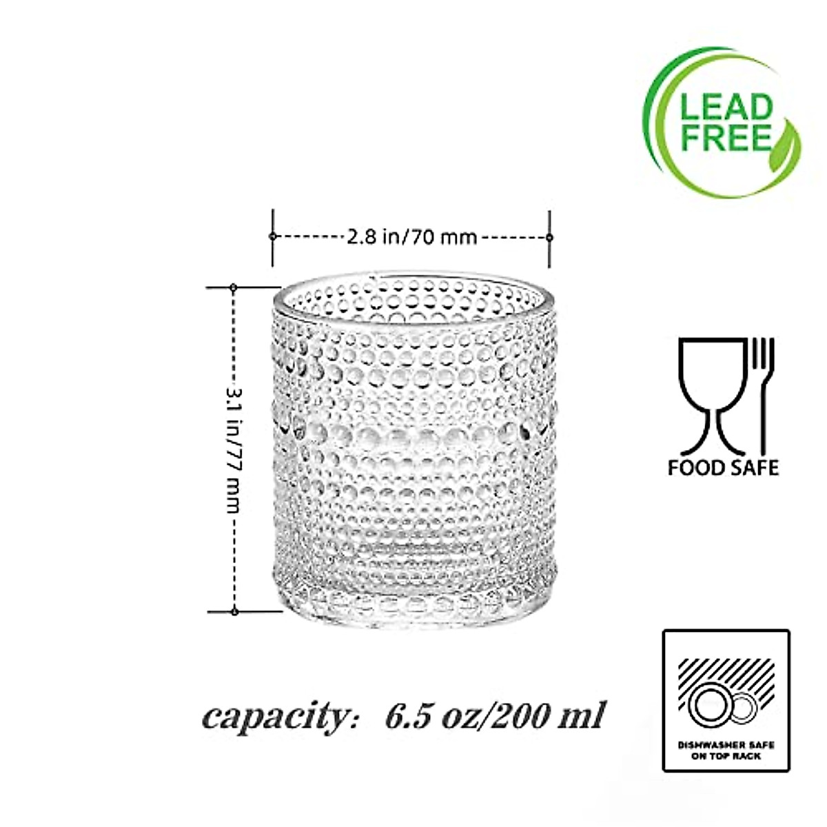 cosnou Mini Rock Glasses, 6.5 oz（200ml） Hobnail Drinking Glasses Set 6, Embossed Vintage Glassware Set for Beer, Cocktail, Soda, Beverage Clear