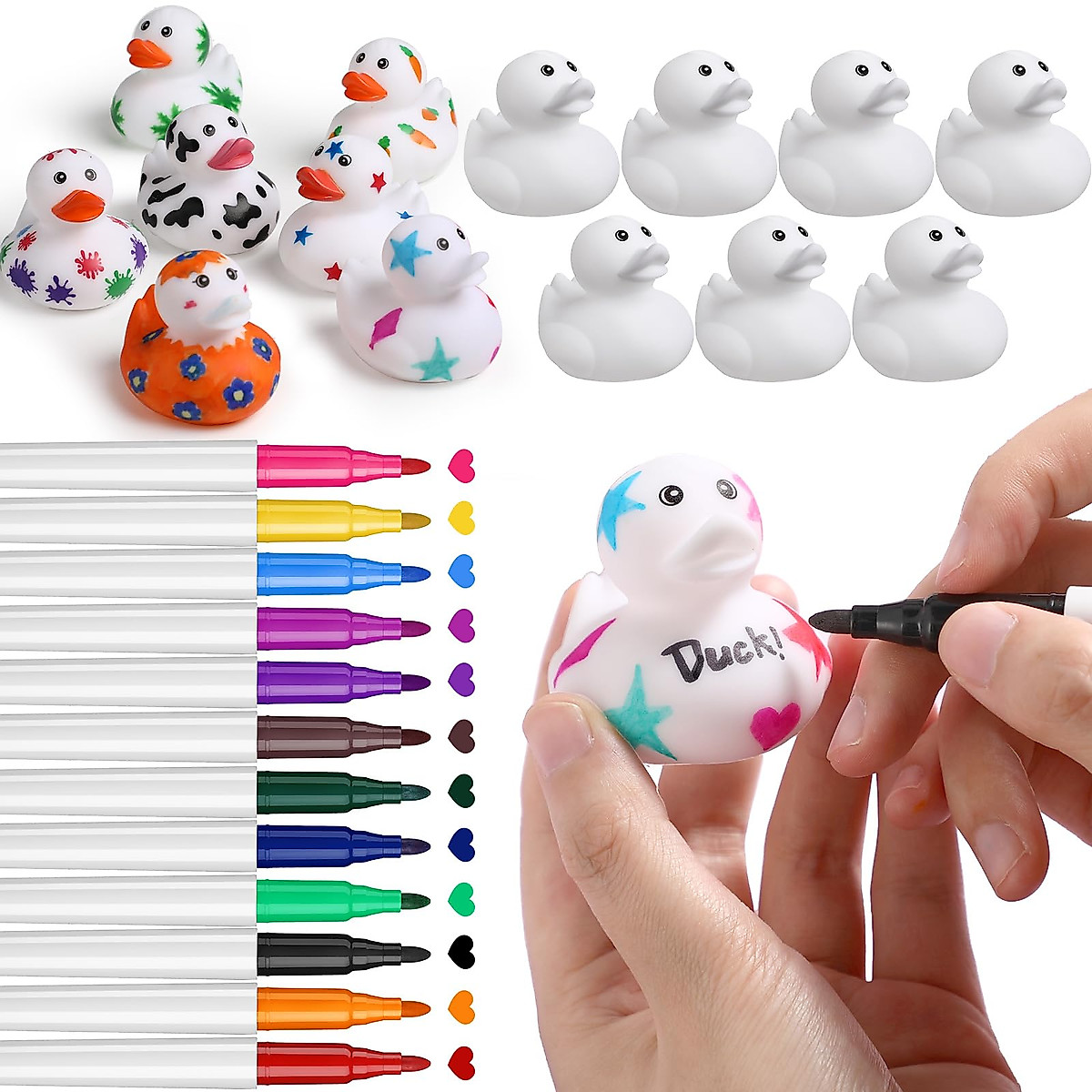 Jerify 12 Pcs 2 Inch White Blank Rubber Ducks Creative Rubber Ducks with Pens of 12 Colors for Pool Bathtub Float Cute Ducks DIY Ducks Birthday Gifts Baby Party Favors Accessories for Kids