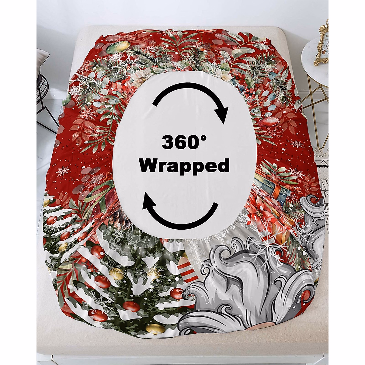 Red Christmas Fitted Sheet Set for Full Size Bed,Gnome Xmas Tree 3 Pieces Bedding Deep Pocket Bedsheet Fits Mattress Up to 16",Bottom Sheets for Bedroom Decor,Botanical Leaves
