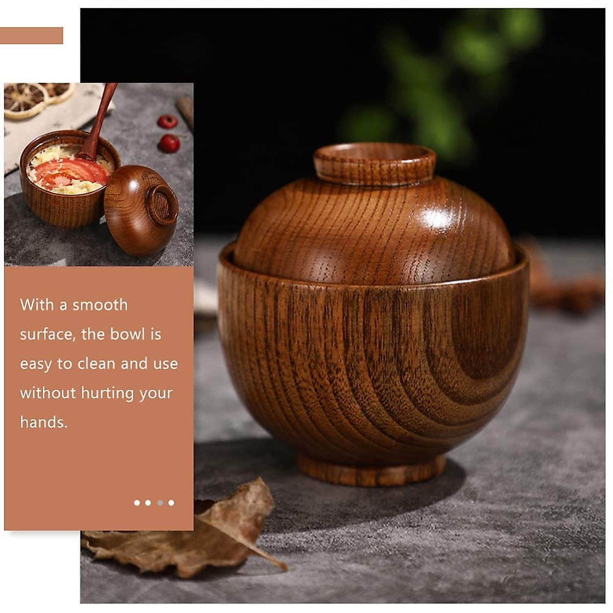CALLARON Wood Bowl with Lid Traditional Japanese Style Noodle Rice Miso Soup Bowls Food Serving Bowl Soup Bowl Salad Bowl Rice Bowl