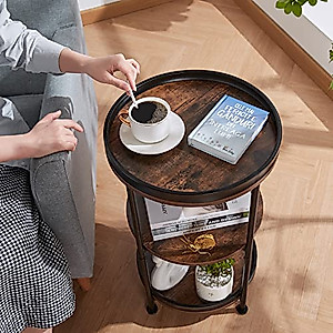 Dulcii Industrial Round End Table, 3 Tiers Round Side Table with Sturdy Metal Frame, Metal Round Sofa Table, Vintage Nightstand for Living Room Bedroom, Easy Assembly (Rustic Brown)