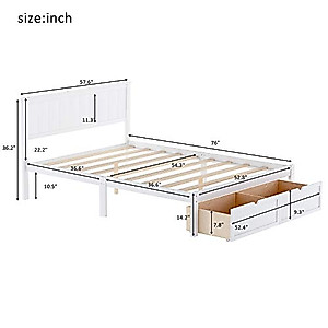 Modern Solid Wooden Platform Bed with Large Drawer Low Bed Frame with Headboard, No Box Spring Needed/Easy Assembly, Full White