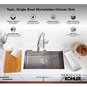 KOHLER Task Kitchen Sink, Stainless Steel Dual Mount Single Bowl, 33" Workstation Sink, 1 hole faucet, K-80084-1PC-NA