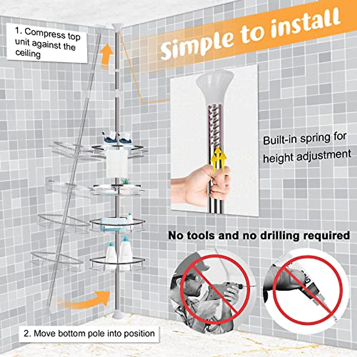 UIFER Corner Shower Caddy, Rustproof Shower Organizer Stainless Steel Tension Pole Shower Shelves, Height Adjustable 43 inch to 110 inch …