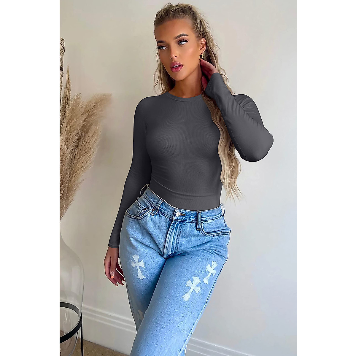 OQQ Womens 3 Piece Long Sleeve Tops Crew Neck Stretch Fitted Underscrubs Layer Tee Shirts Tops Black Darkgrey Beige