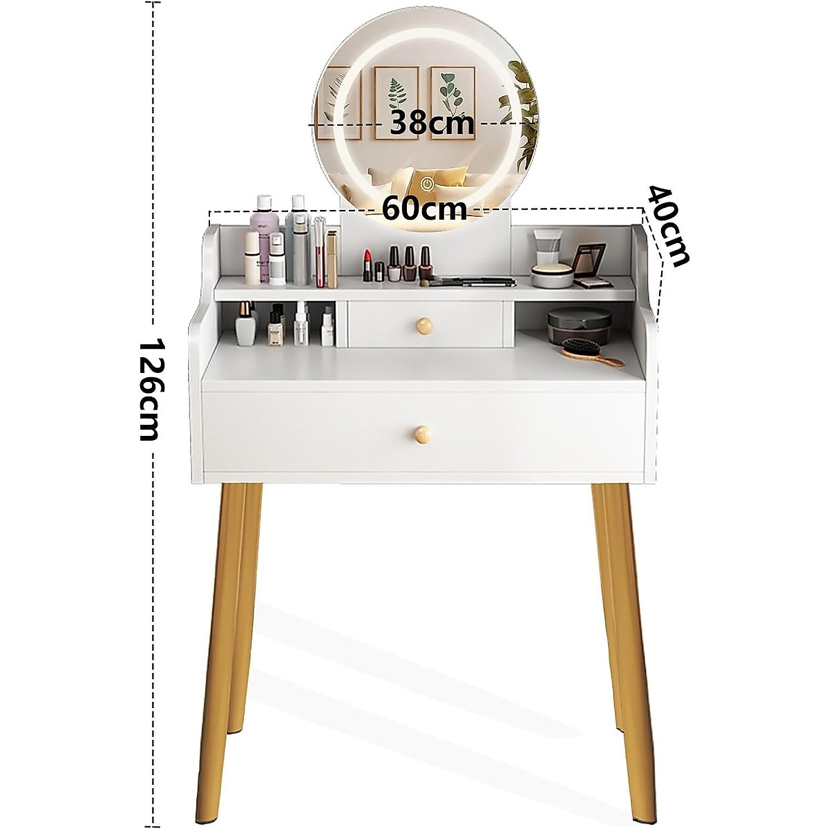 MONGMON Vanity Desk with Lights with Mirror and Lights, 3 Lighting Modes, Dressing Table with Drawers, Multifunctional Makeup Vanity Table for Women Girls Bedroom Small Space (60cm)