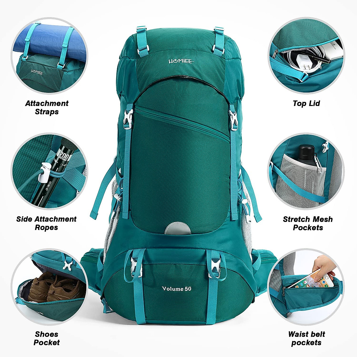 HOMIEE 50L Hiking Backpack Travel Bag Waterproof Camping Backpack with Rain Cover Lightweight Backpacking Backpack Rucksack