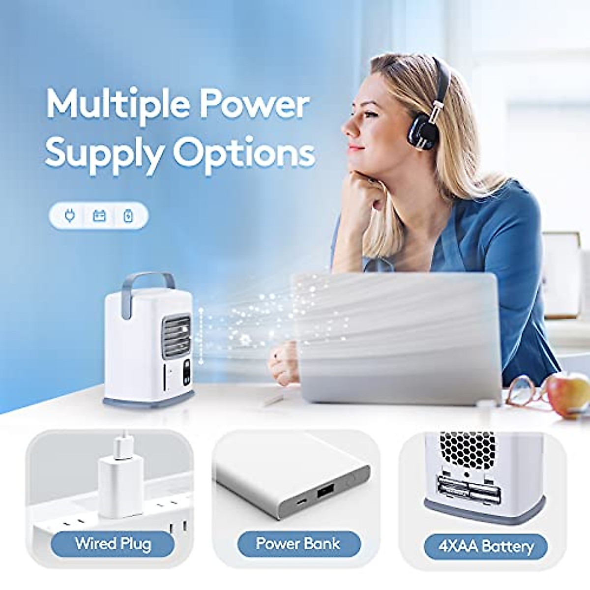 Portable Air Conditioner Fan for Small Room - 3 in 1 Personal Mini Desktop AC Evaporative Air Cooler Fan w/ 12H Timer, Adjustable Wind Direction, 500ML Large Water Tank, 2 Speeds, for Office Home