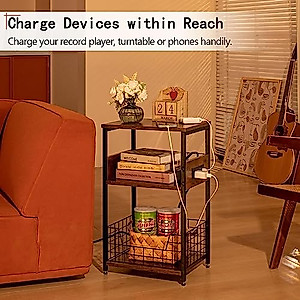 X-cosrack Record Player Stand with Vinyl Record Storage, 3 Tier Side Table with Charging Station & USB Ports, Retro End Table for Living Room Bedroom, Sturdy Wood and Metal Frame, Brown & Black