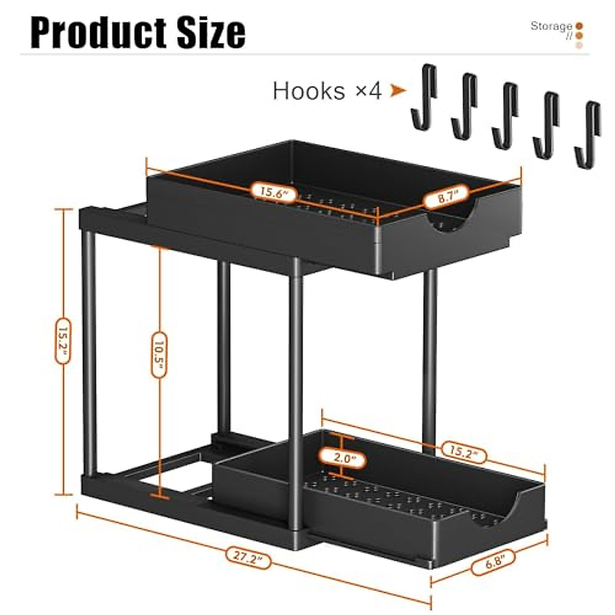 2 Pack Under Sink Organizer，Bathroom Cabinet Organizer, 2 Tier Sliding Cabinet Organizer Drawer with 8 Hooks Pull Out Cabinet Organizer Multi-Purpose Organizer for Bathroom Kitchen (Black x 2)
