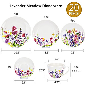 STP Porcelain J-217520 Dinnerware Set for 4, Lavender Fields, Bone China Porcelain, Dinner Plates, Bowls, Dessert Plates, Cups with Saucer, 20 pcs