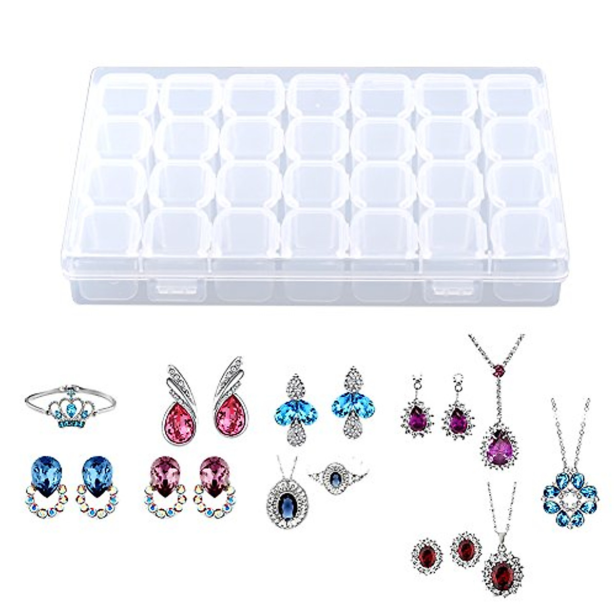 Alvinlite 28 Grids Plastic Organizer Box with Adjustable Dividers, Clear Storage Container for Beads Earring Jewelry Craft Tackles Tools