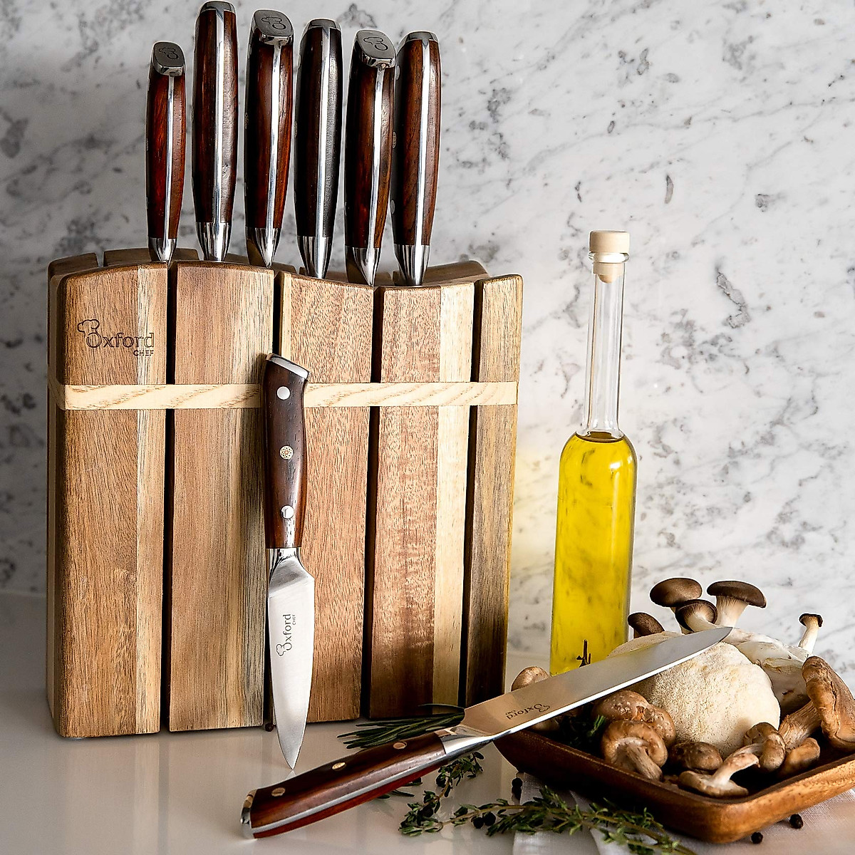 Oxford CHEF Wooden Kitchen Knife Block - Luxury Hand-Crafted Acacia Wood 8 Slot Storage Block. Can Hold 8 Knives Up To 9" Long. Non-Skid, Non-Scratch Rubber Feet