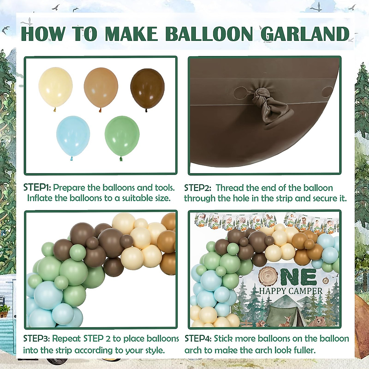 Hombae One Happy Camper Birthday Decorations, First Birthday Decorations, Camping 1st Birthday Party Decor, Green Backdrop Balloon Banner Cake Topper Crown Poster Cutout Balloon Boxes 114 PCs