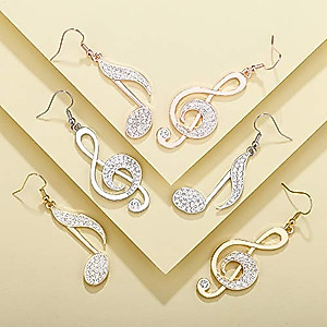Women Dangle Earrings with Music Note Drop - CZ Clear Crystal Musical Fans Clip on Hook Earring, Rhinestone Fashion Costume Jewelry for Girls…