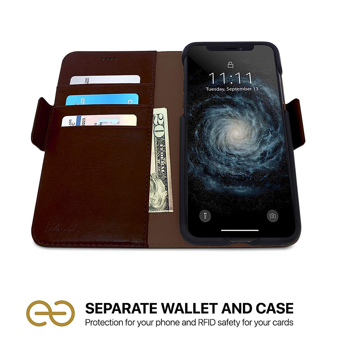 Dreem Fibonacci 2-in-1 Wallet Case for Apple iPhone 11 - Luxury Vegan Leather, Magnetic Detachable Shockproof Phone Case, RFID Card Protection, 2-Way Flip Stand - Coffee