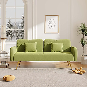 Shuoya Jewelry Modern Futon Couch Sofa Bed with 2 Pillows, Convertible Sleeper Couch Loveseat with 3 Angles Adjustable Split-Back and Solid Metal Leg for Living Room and Bedroom (Green)