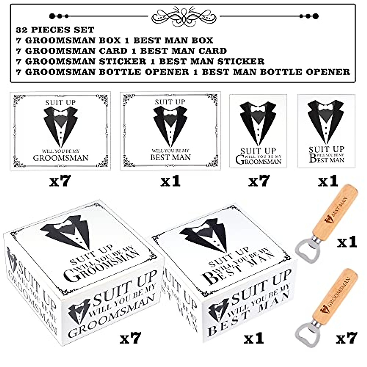 32 Pieces Groomsmen Proposal Box Set of 8 Groomsmen Box 8x8x4 inch With 8 Will You Be My Groomsman Labels and 8 Cards 8 Bartender Wooden Bottle Opener Beer Wine Cap Opener（7 Groomsmen, 1 Best Men ）