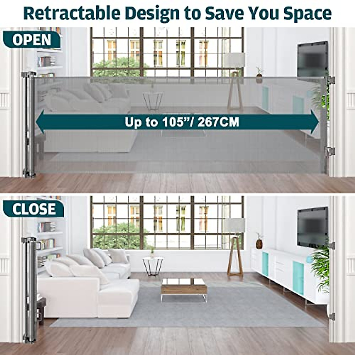 105 Inch Extra Wide Baby Gates for Large Openings, Retractable Baby Gates 35” Tall, Extra Long Baby Gate Child Gates for Wide Openings Large Dog Gate for Doorways Long Dog Gate Indoor Outdoor, Grey